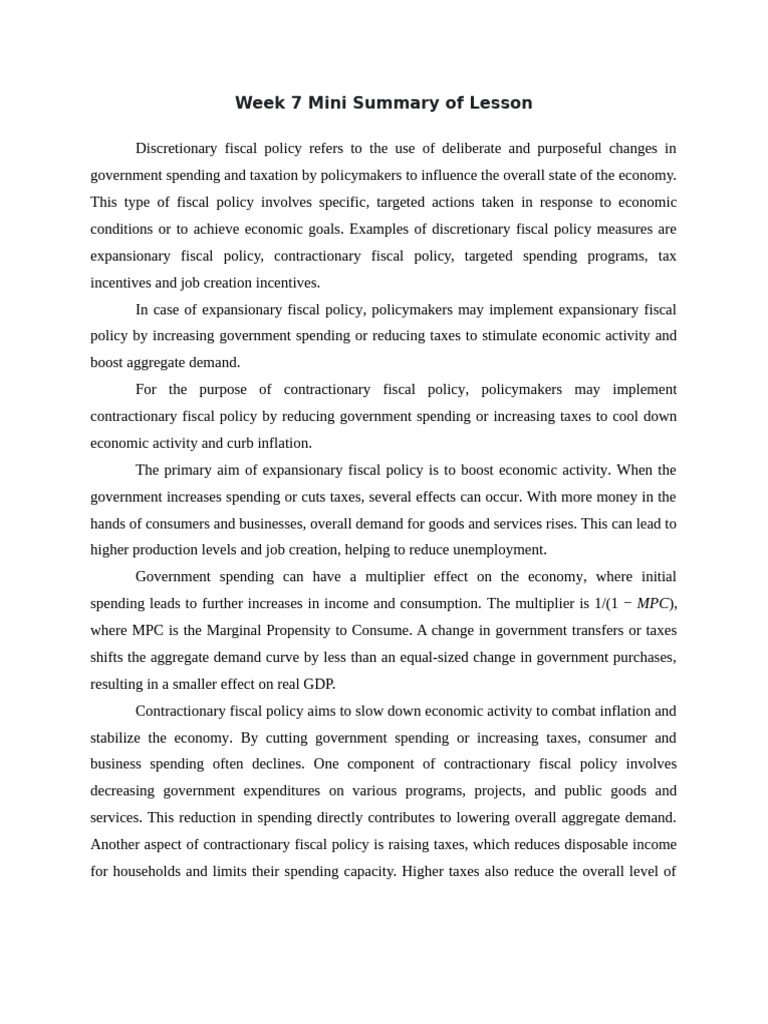 Week 7 Mini Summary of Lesson | PDF | Fiscal Policy | Government Spending