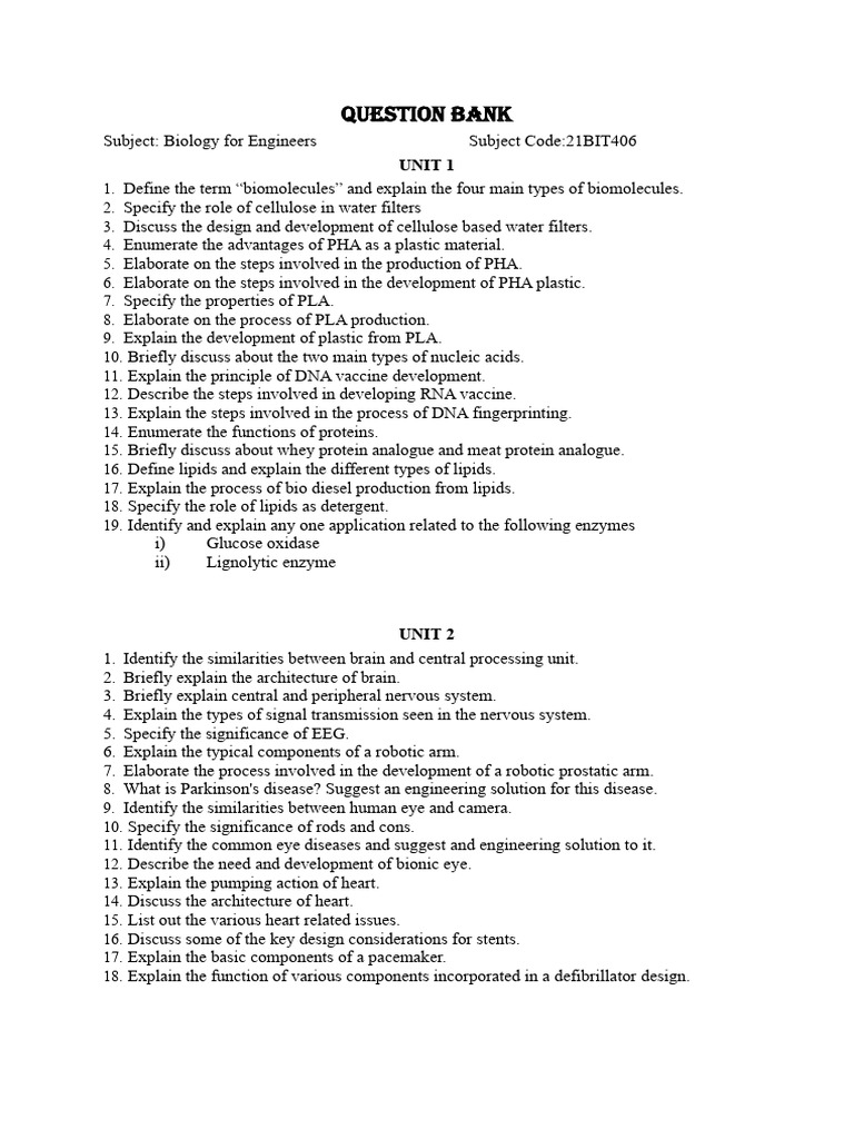 BiologyForEngineersUnit-1-2-Question Bank | PDF
