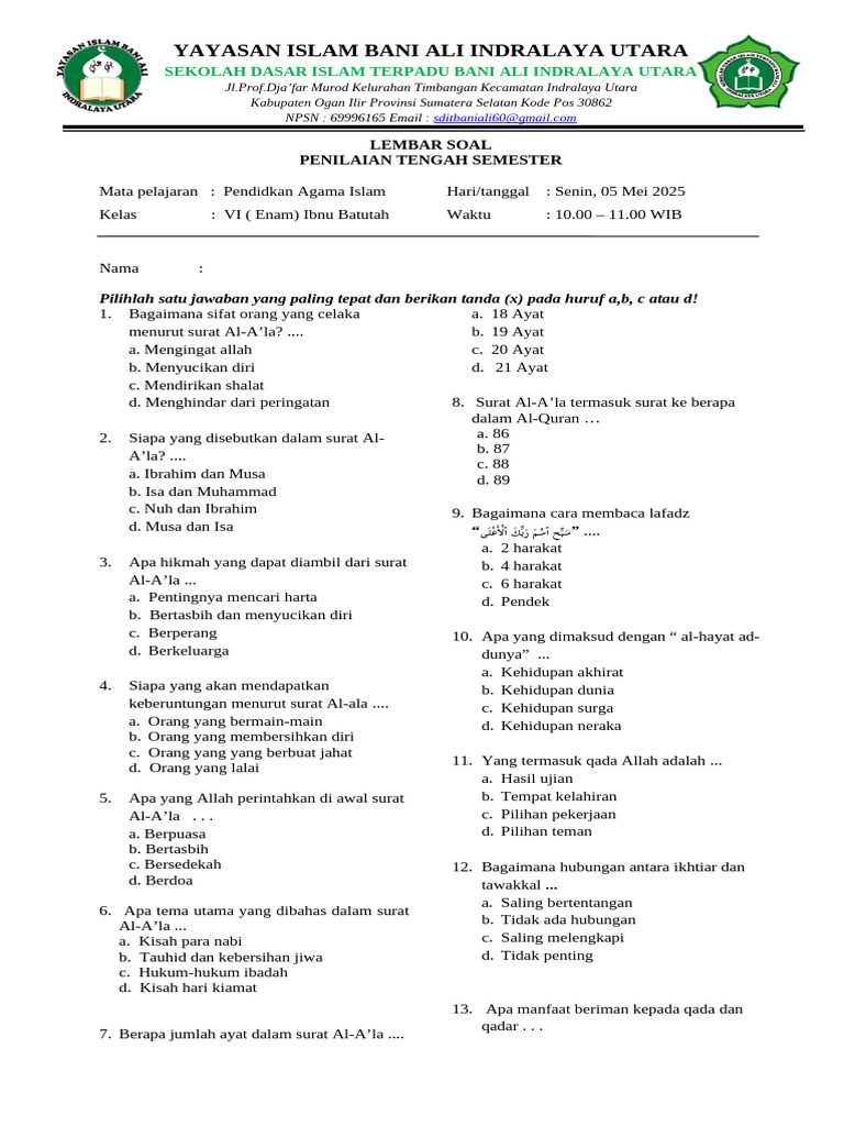 Soal Pai KLS 6 BLN 5 | PDF