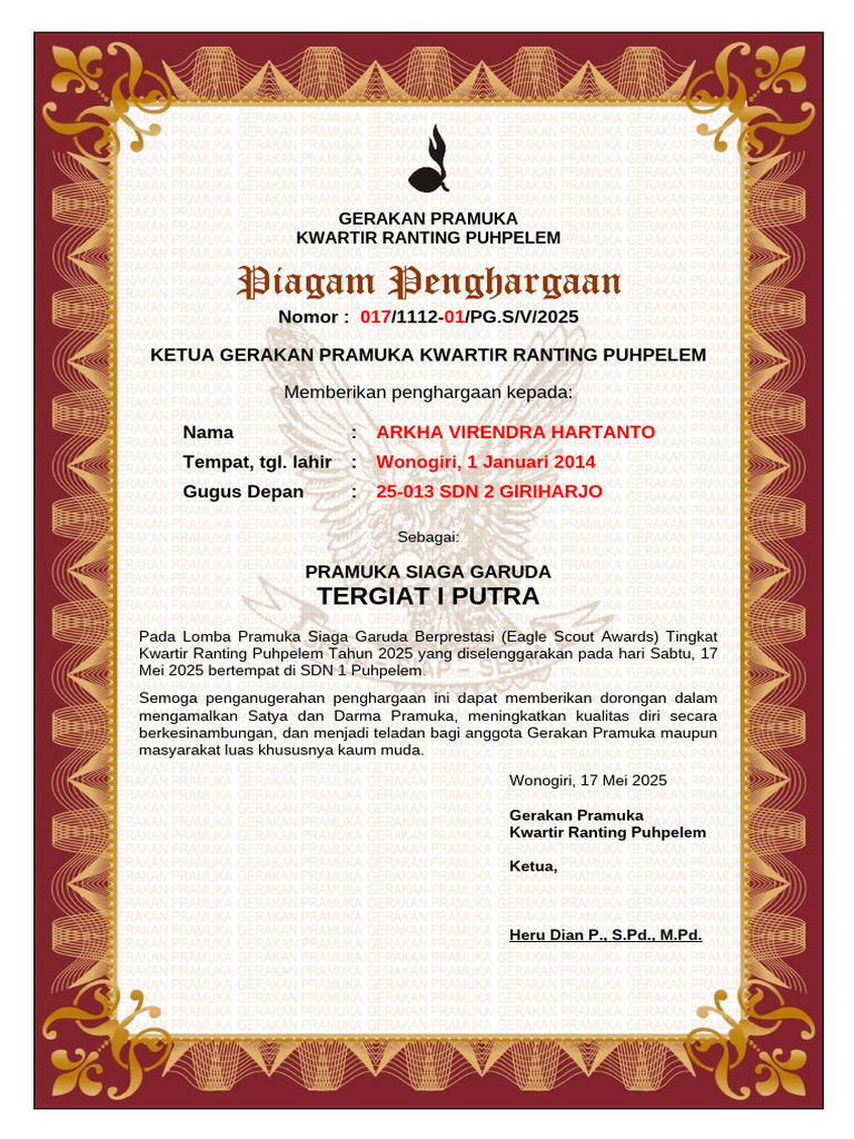 Piagam Pramuka Garuda Berprestasi Tingkat Kwarran 2025 | PDF