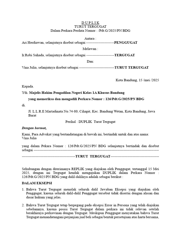 Duplik Perdata Turut Tergugat | PDF