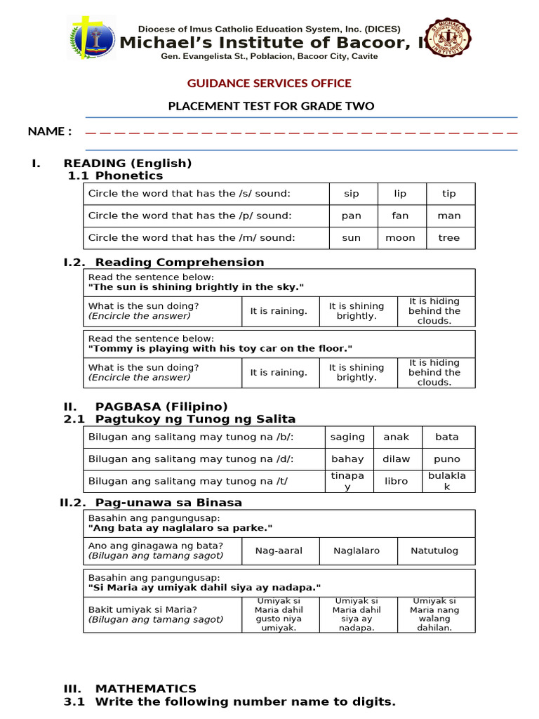 Grade Two Placement Test Guide | PDF