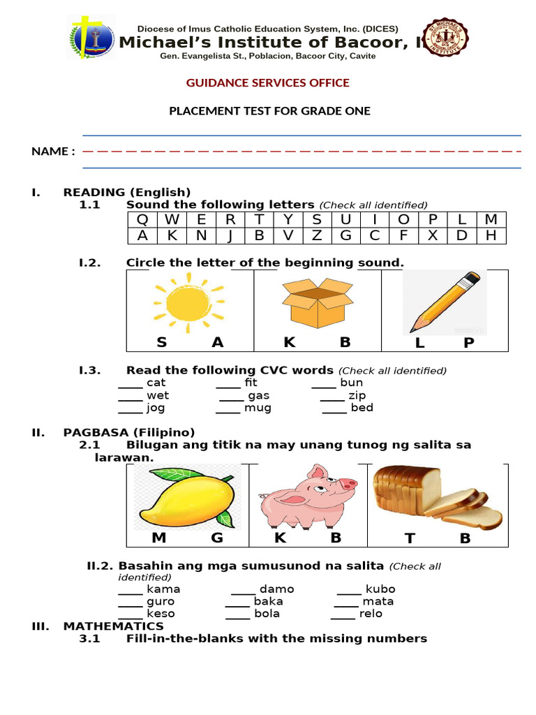 Grade One Placement Test Guide | PDF