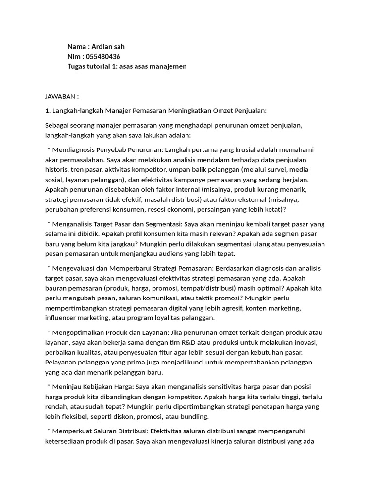 Tugas Tutorial 1 Asas Asas Manajemen Salinan | PDF