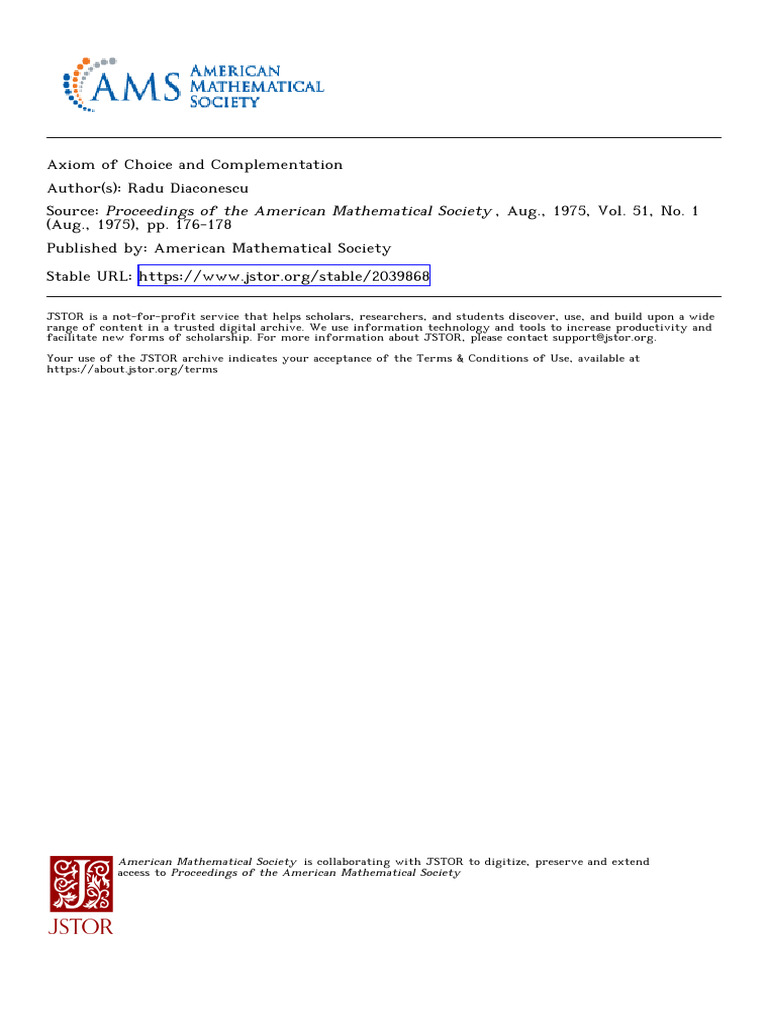 Diaconescu. Axiom of Choice and Complementation | PDF | Category Theory | Functions And Mappings