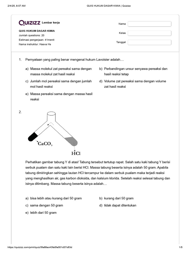 Kuiz Hukum Dasar Kimia 20 Soal | PDF
