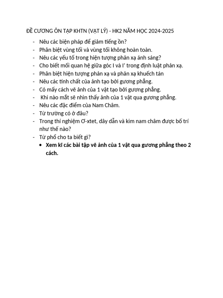 Đề Cương Ôn Tập Hk2 Khtn 7 (Vật Lý) 2024-2025 | PDF