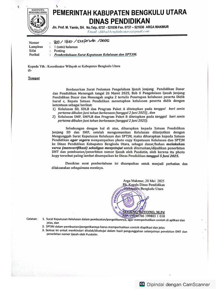 Pemberitahuan Surat Keputusan Kelulusan Dan SPTJM | PDF