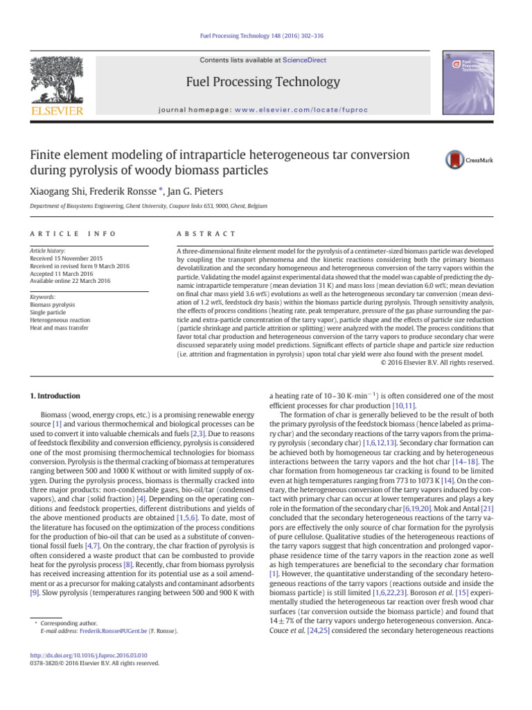 Finite Element Modeling of Intraparticle Heterogeneous Tar Conversion During Pyrolysis of Woody ...