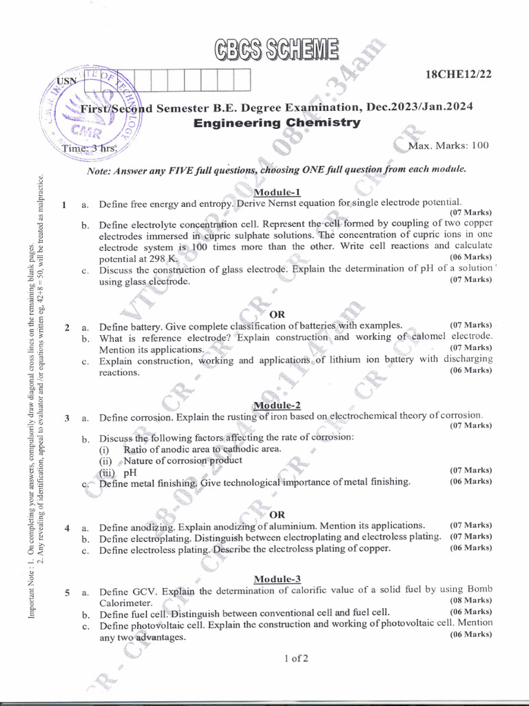 VTU Question Paper of 18CHE12 Engineering Chemistry Jan-Fab-2024 | PDF