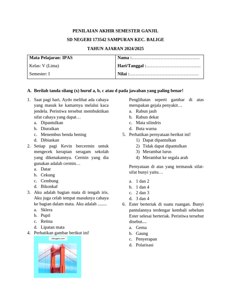 Soal Pas Ipas Kelas 5 Sem 1 | PDF