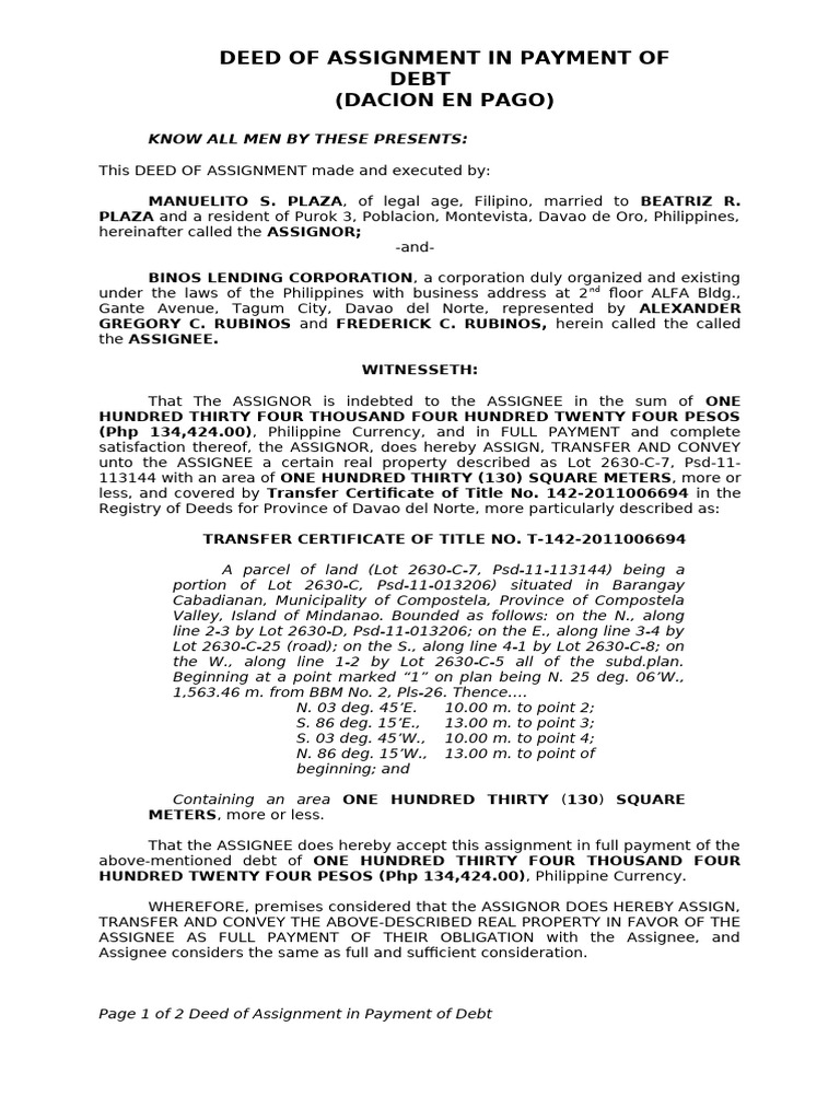 Deed of Assignment in Payment of Debt-Plaza | PDF | Assignment (Law ...