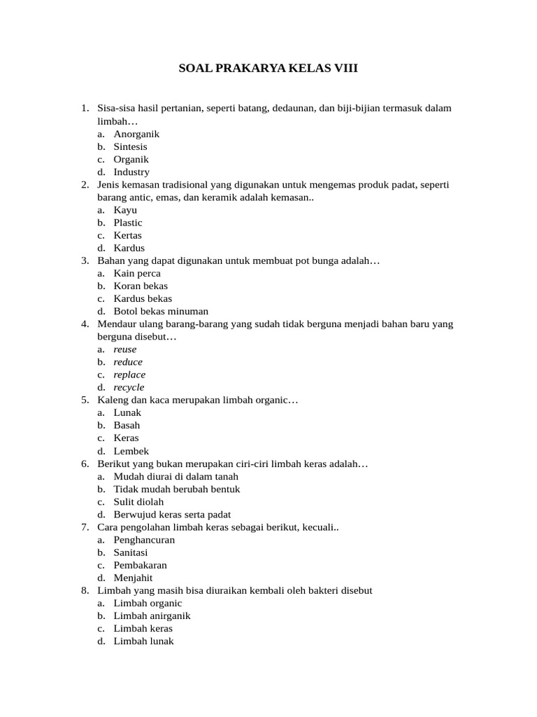 Soal Prakarya Kelas Viii | PDF