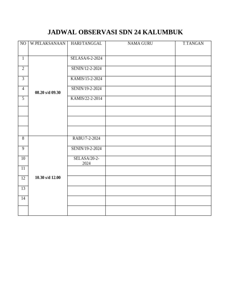 Jadwal Observasi SDN 24 Kalumbuk | PDF