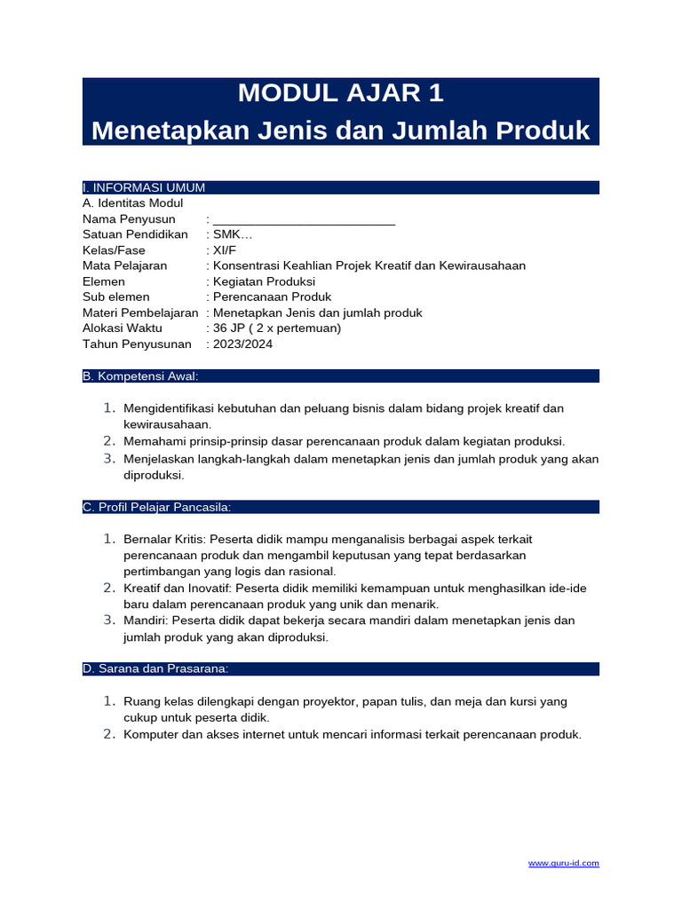 Modul Ajar 1 Menetapkan Jenis Dan Jumlah Produk | PDF