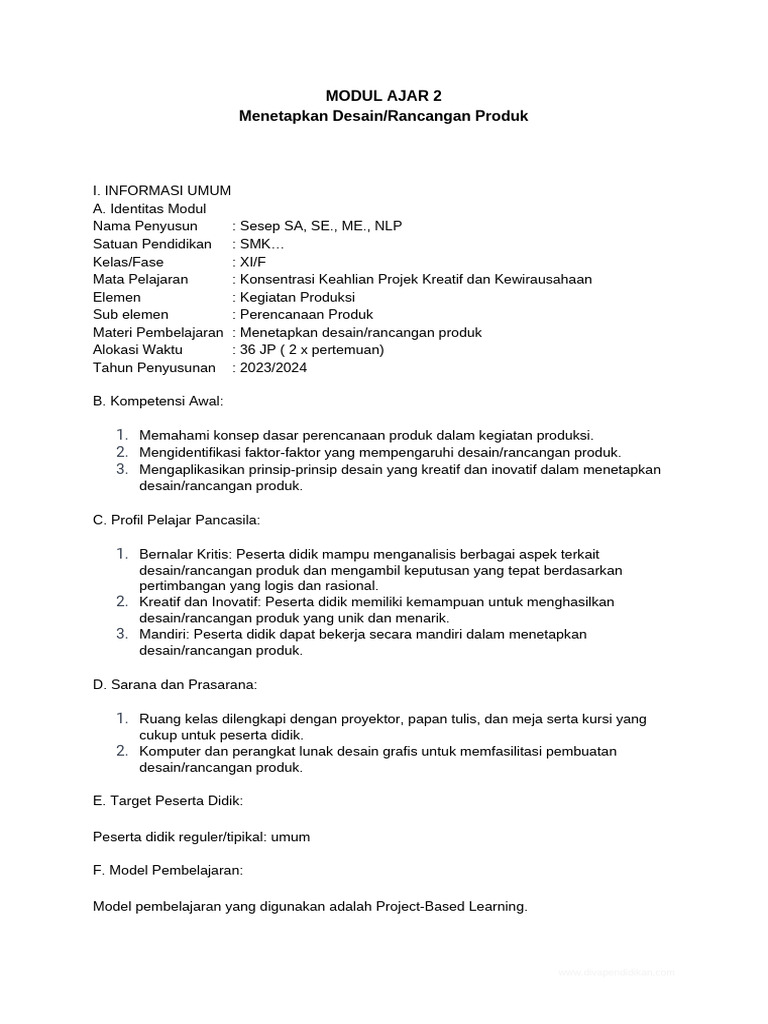 Modul Ajar 2 Menetapkan Desain - Rancangan Produk | PDF