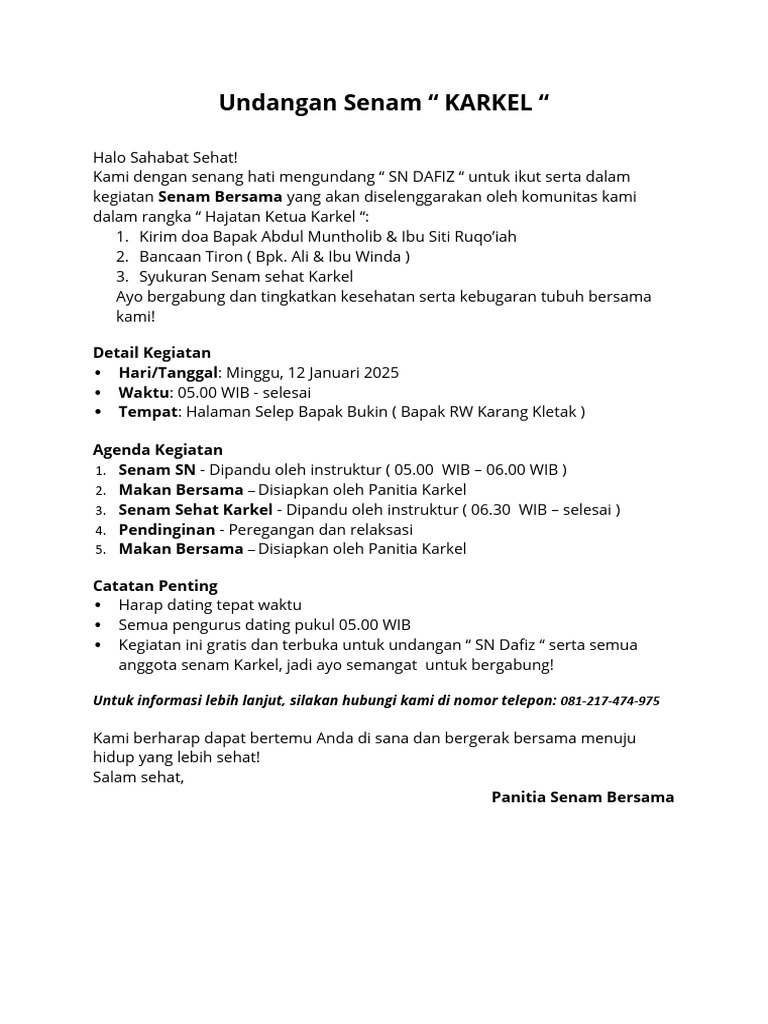 Undangan Senam Bersama Karkel 2025 | PDF