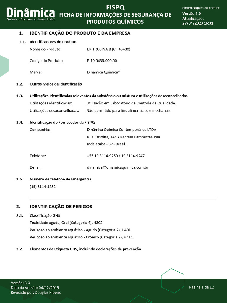 FISPQ Eritrosina B: Segurança Química | PDF | Química | Desperdício