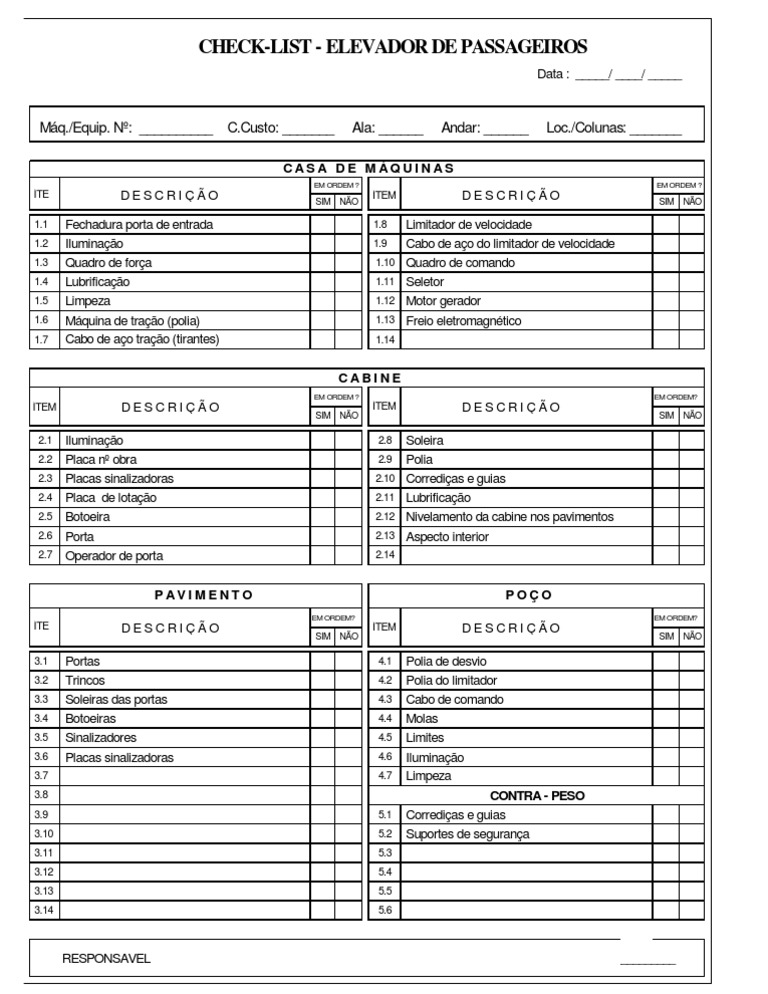 Checklist de Manutenção de Elevadores | PDF