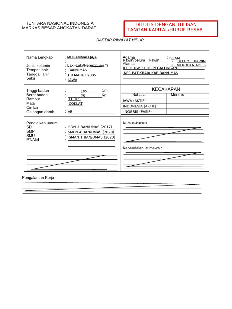 006 CONTOH PENGISIAN BLANKO RIWAYAT HIDUP | PDF