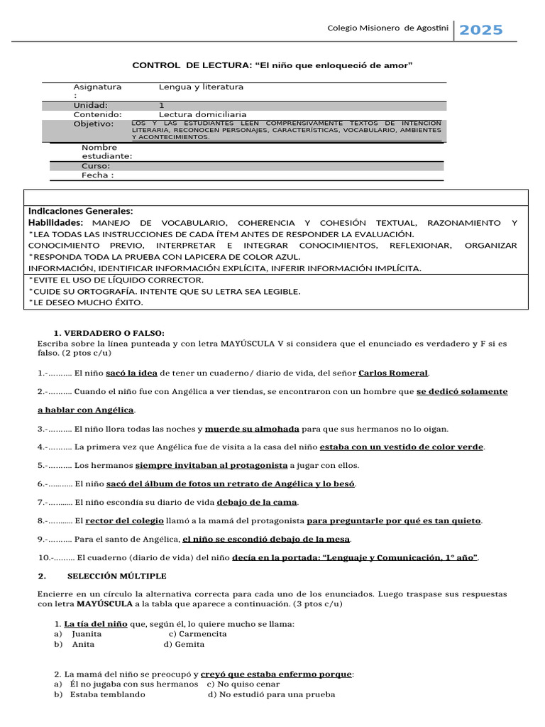 Control de lectura: El niño que enloqueció de amor | PDF | Escritura ...