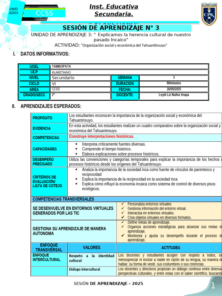 Sesion CCSS 2° Sec-Semana 03 Uni 3 | PDF | Imperio Inca | Enseñando