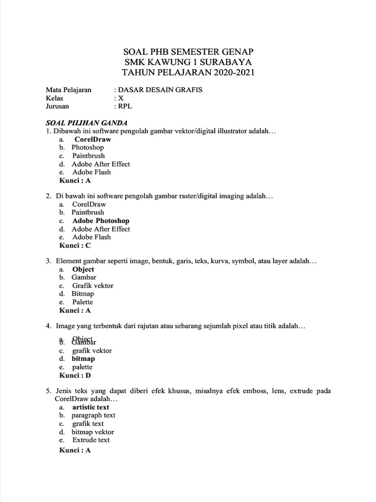 PDF Soal Pts Genap Dasar Desain Grafis Kls X Dan Jawaban - Compress | PDF
