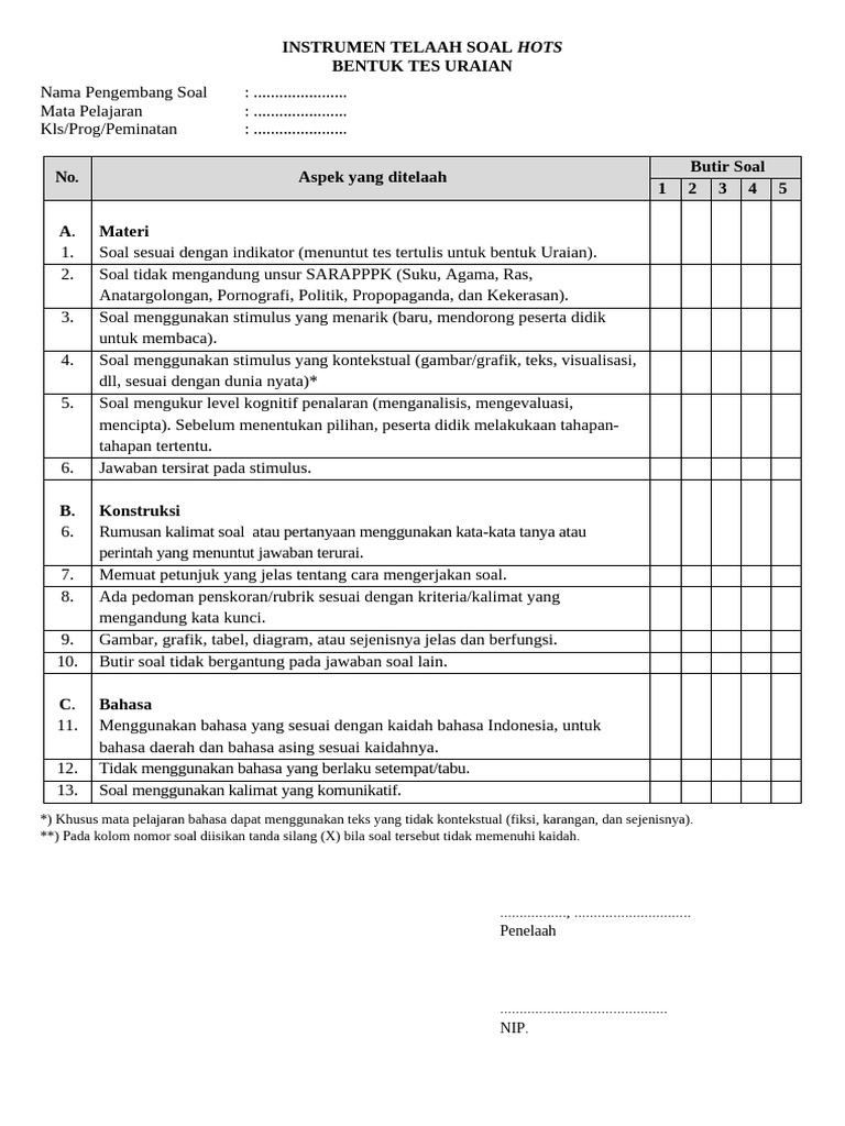 Instrumen Telaah Soal Uraian | PDF