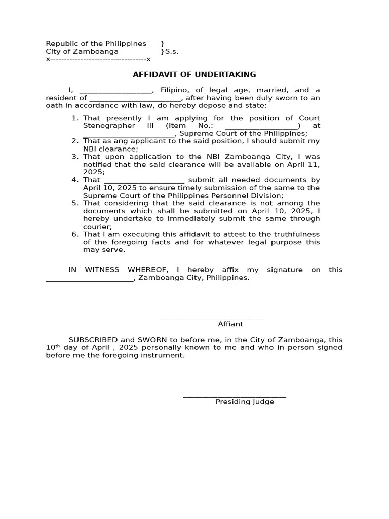 Affidavit of Undertaking - Sample | PDF