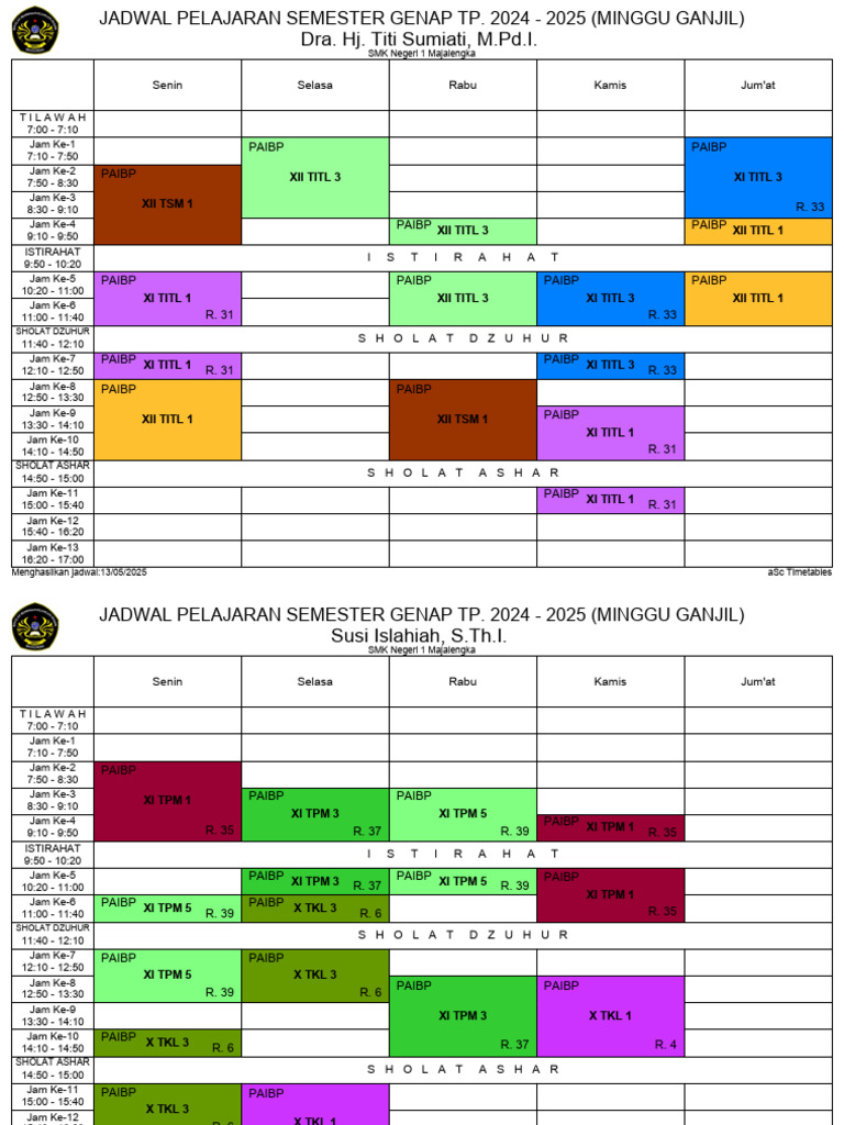 Jadwal Guru_Semester Genap_minggu Ganjil_TP. 2024-2025_Revisi Ruang Kelas | PDF
