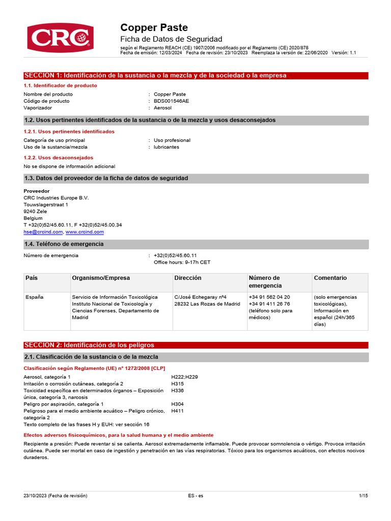 Ficha de Seguridad de Copper Paste | PDF | Sustancias químicas ...