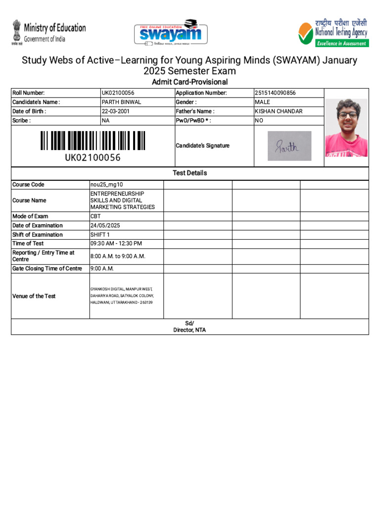 SWAYAM 2025 Exam Admit Card Details | PDF | Identity Document