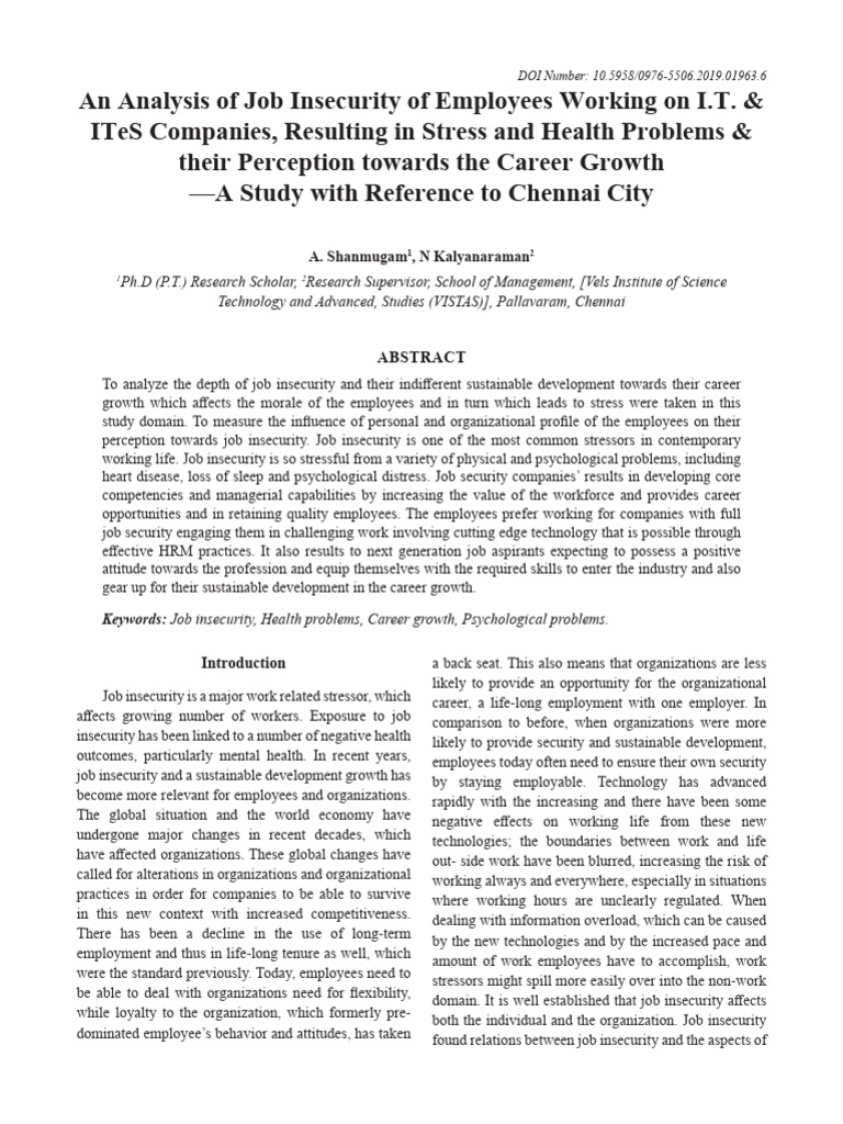 An Analysis of Job Insecurity of Employees Working On I.T. & ITES ...