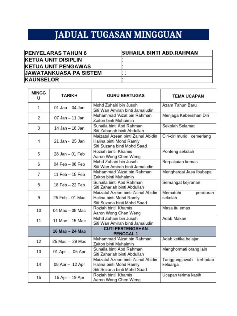 Jadual Tugasan Mingguan 2020 | PDF