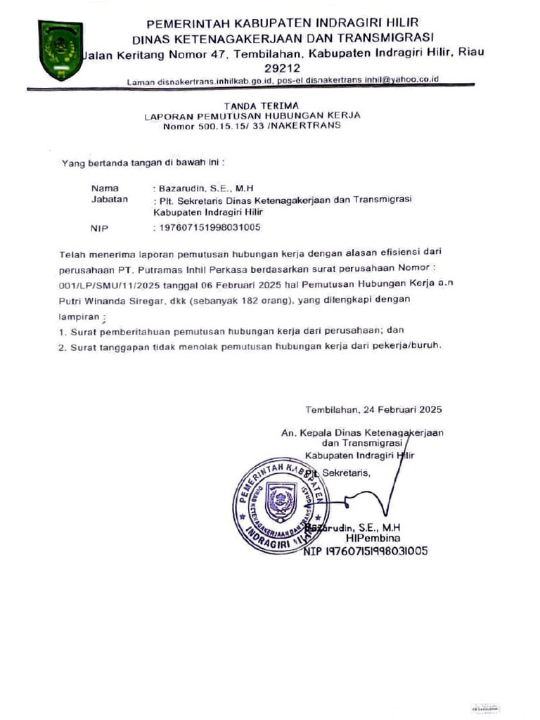 surat tanda terima laporan phk | PDF