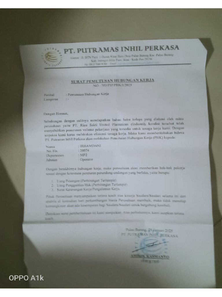 surat phk irham | PDF