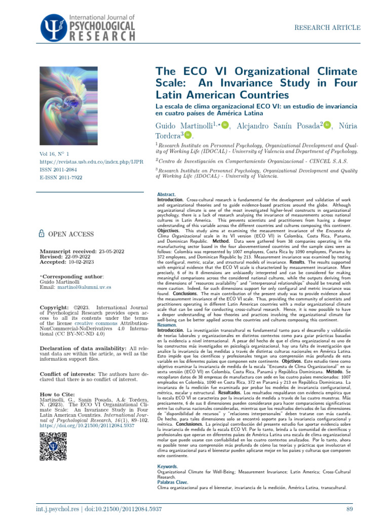 The ECO VI Organizational Climate Scale: An Invariance Study in Four ...