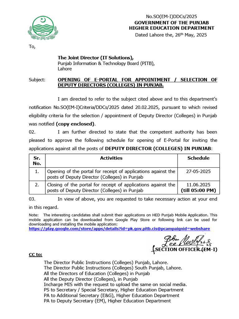 Letter For Pitb & Schedule of DDC Punjab | PDF