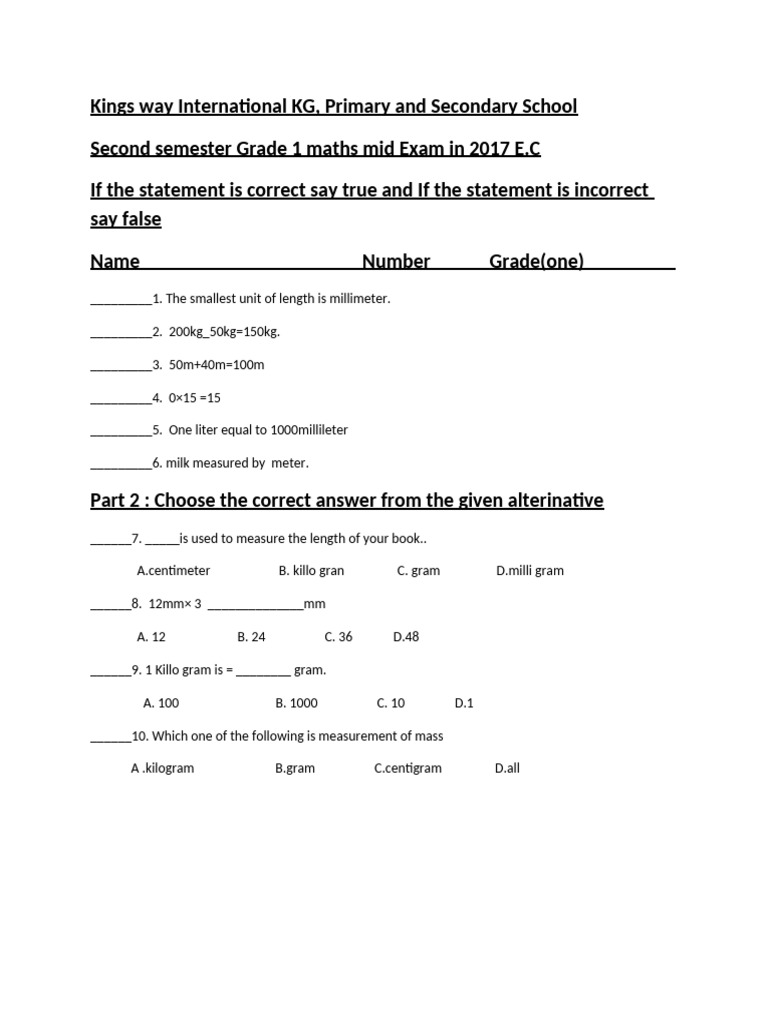 Grade One Mid Exam 2o17 | PDF