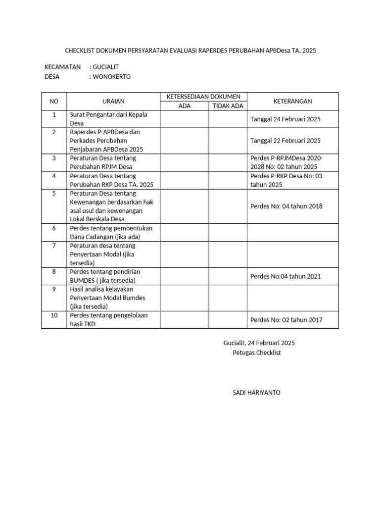 Ceklis Evaluasi R-P-Apbd 2025 | PDF