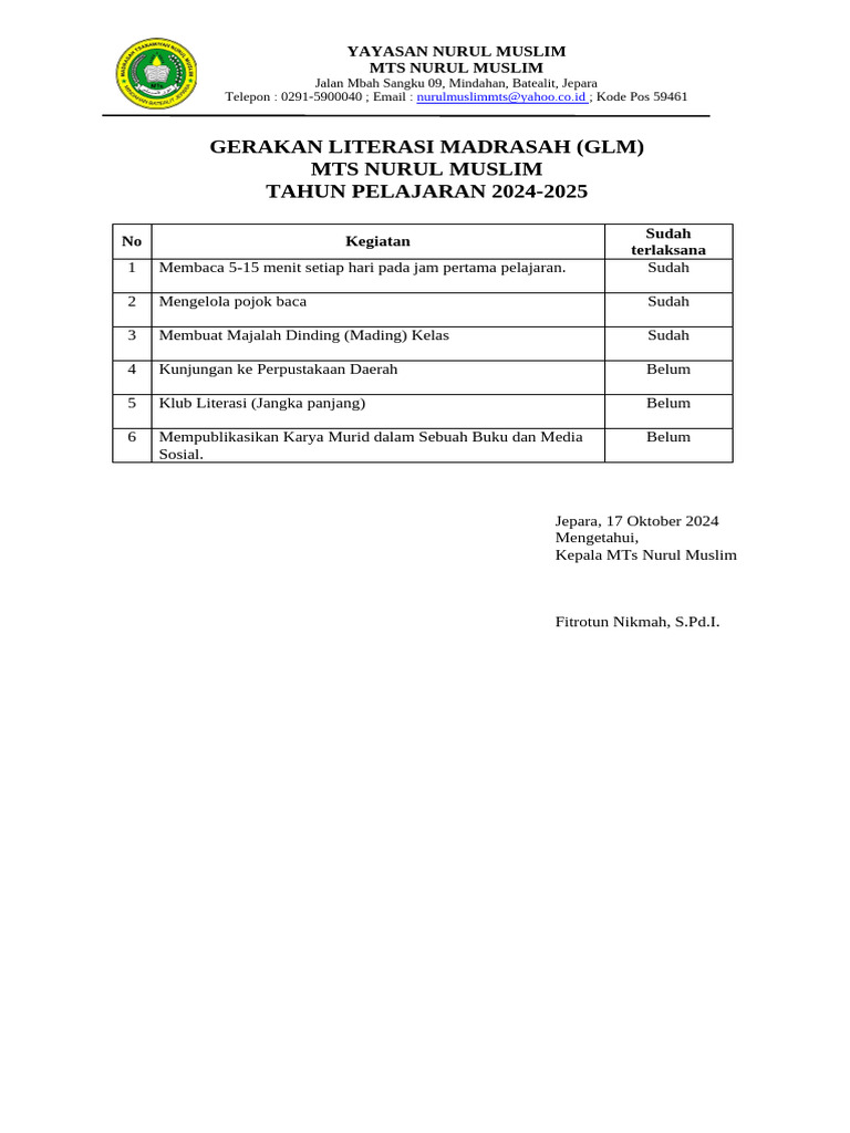 Tabel Gerakan Literasi | PDF