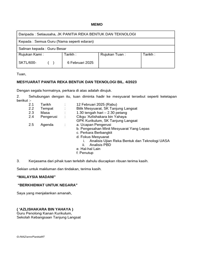 Memo Rasmi Panggilan Mesyuarat RBT | PDF