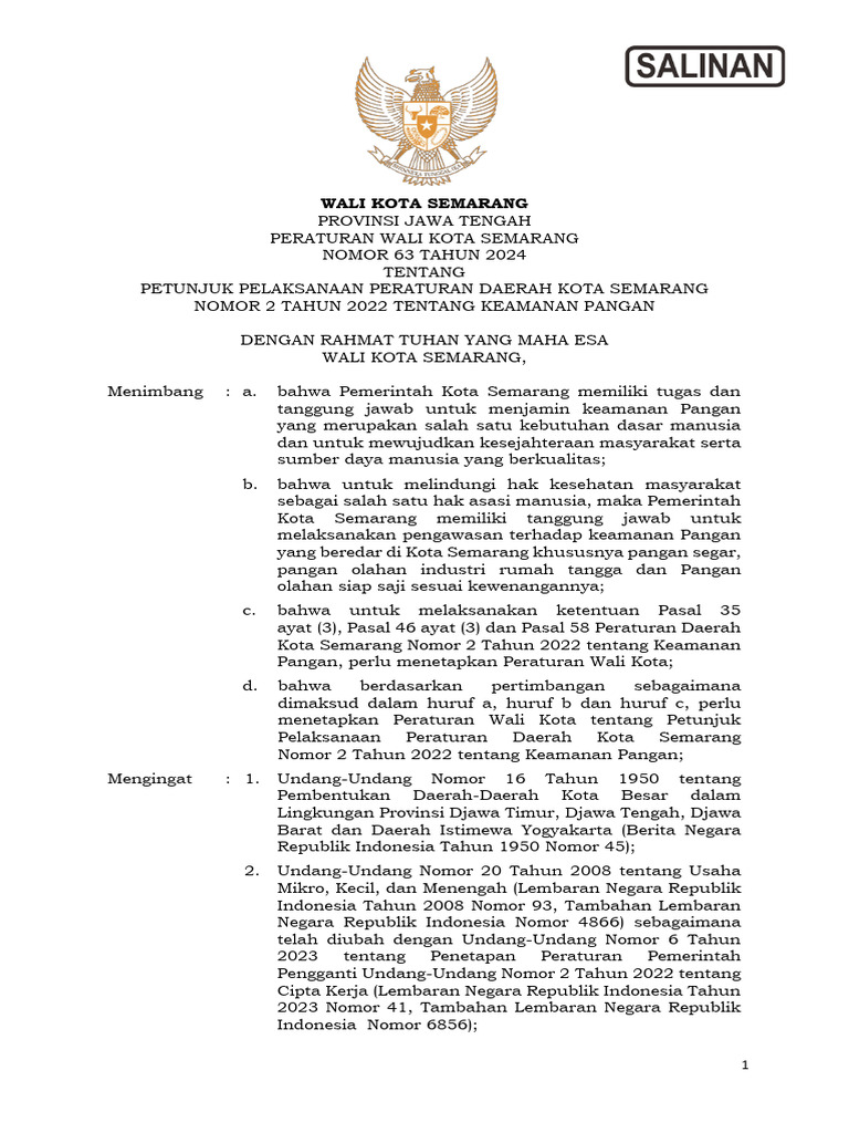 Perwal No 63 Tahun 2024 Tentang Petunjuk Pelaksanaan PERDA 2 TAHUN 2022 Tentang Keamanan Pangan ...