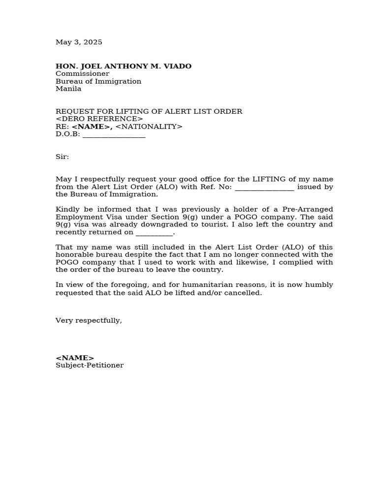 Lifting of Alert List ALO Sample | PDF