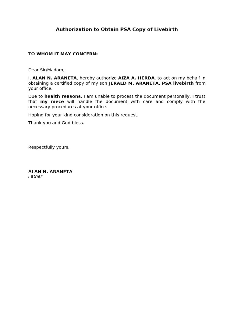 Authorization To Obtain PSA Copy of Livebirth | PDF