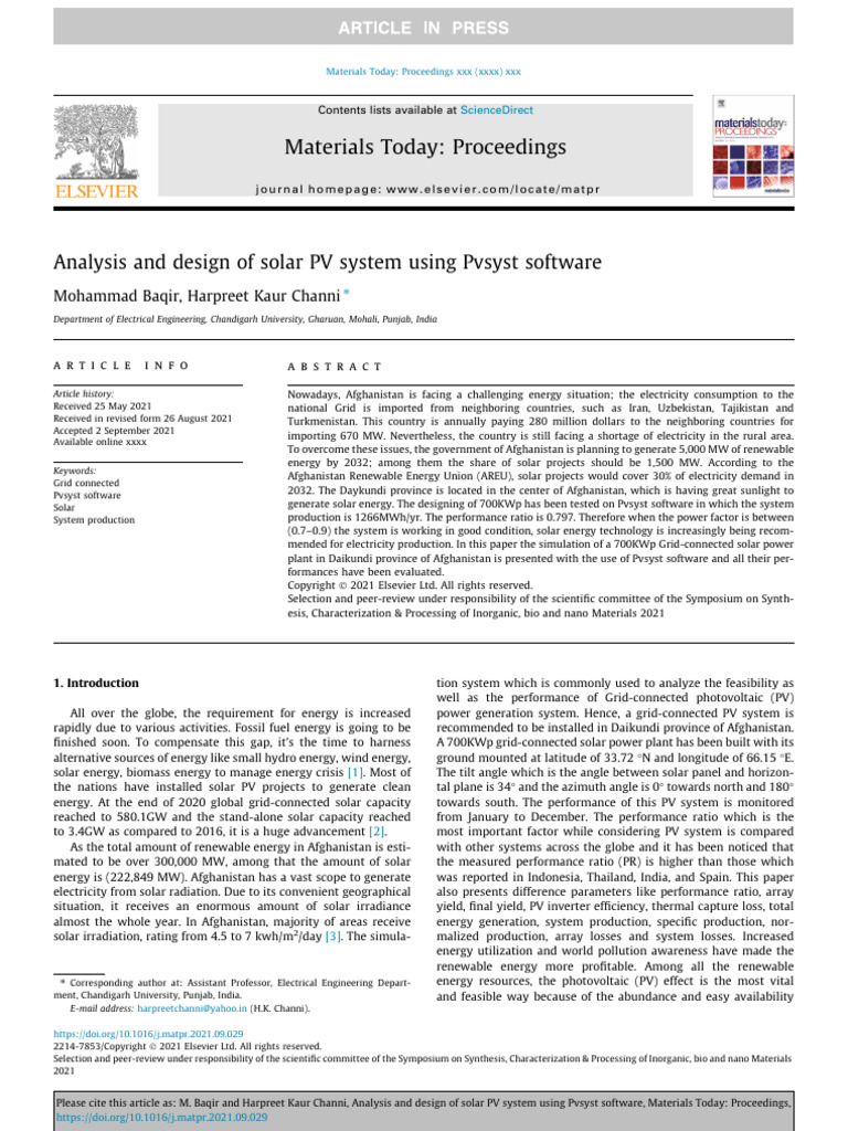Analysis and Design of Solar PV System Using Pvsyst Software | PDF | Photovoltaic System ...