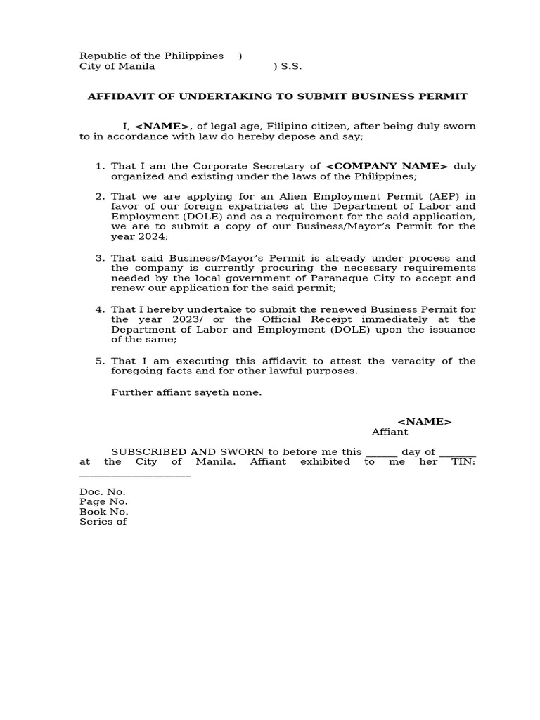 Undertaking of BP in DOLE For AEP | PDF