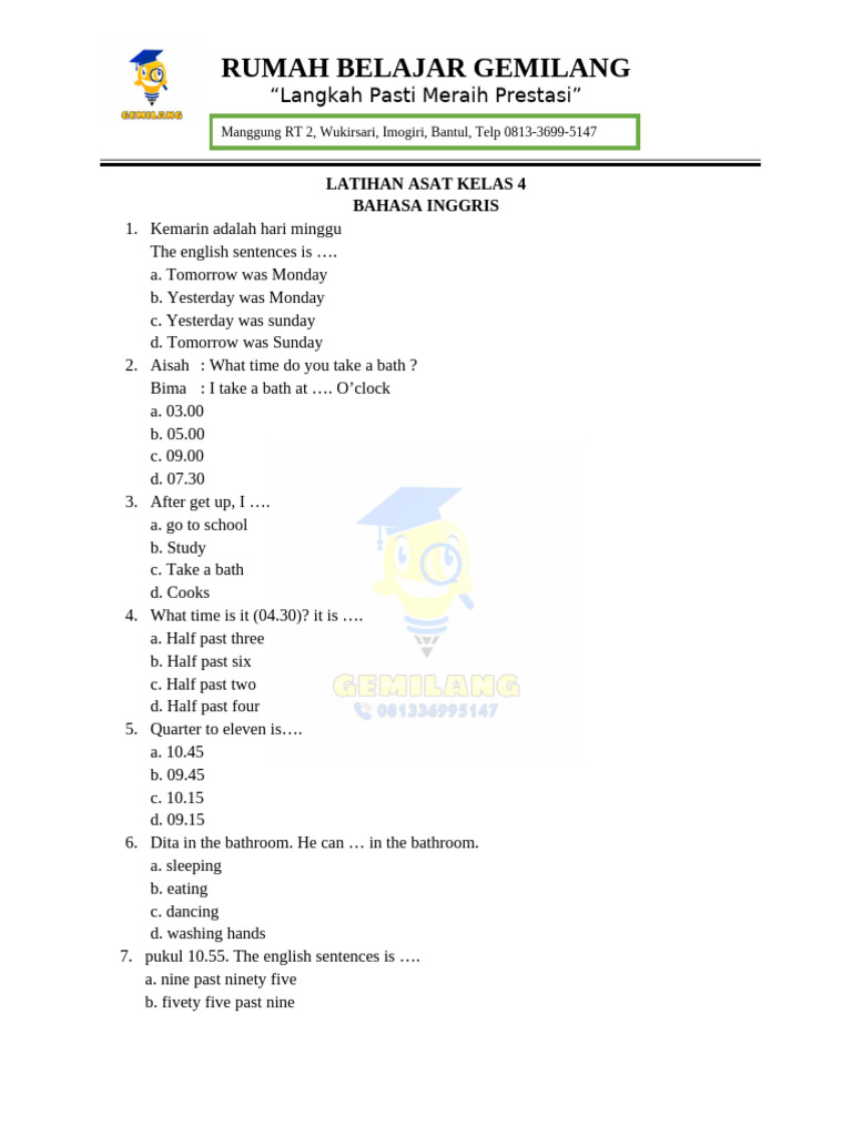 SAT B INGGRIS Kelas 4 Kumer | PDF