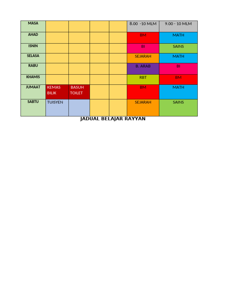 Jadual Belajar Rayyan | PDF