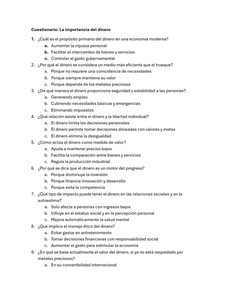 Cuestionario sobre la importancia del dinero | PDF